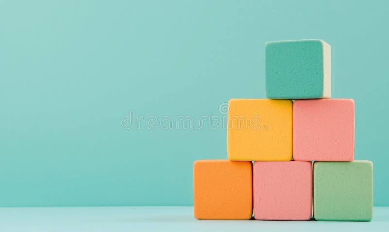 Stack of Colorful Toy Blocks Arranged in a Pyramid on a Teal Background ...