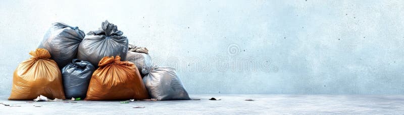 A Stack of Colorful Trash Bags Against a Textured Wall, Representing ...