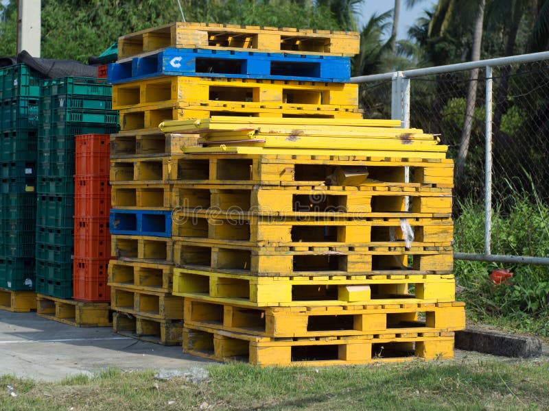 Stack of Colorful Wooden Pallets Used Stock Photo - Image of ...