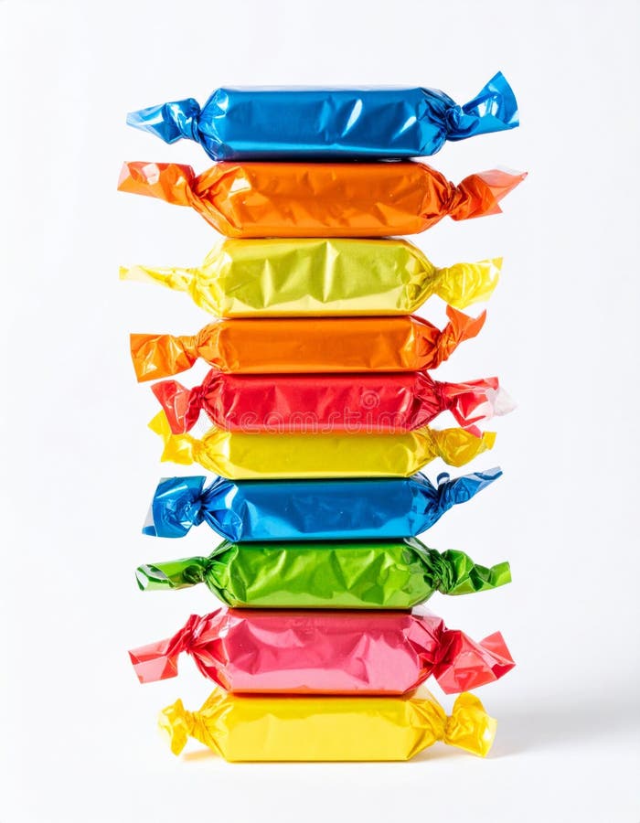 Stack of Colorful Wrapped Candies on White Background Stock ...