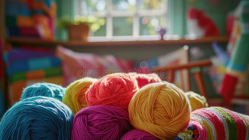 A Stack of Colorful Yarn Sits Atop a Table, Ideal for Knitting or ...