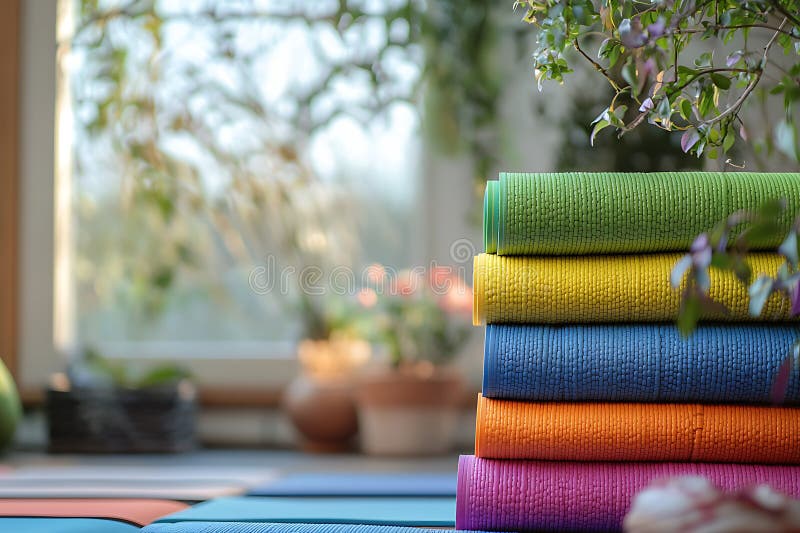 A Stack of Colorful Yoga Mats in a Calm Studio Setting Stock ...