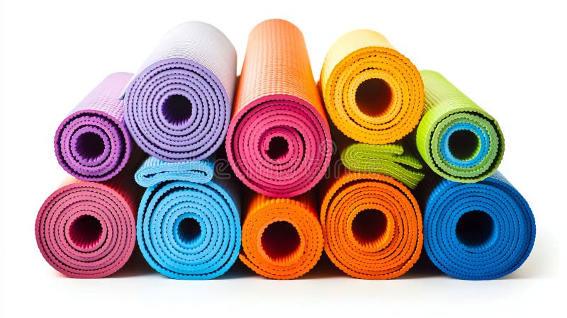 A Stack of Colorful Yoga Mats on a White Background Stock Image - Image ...
