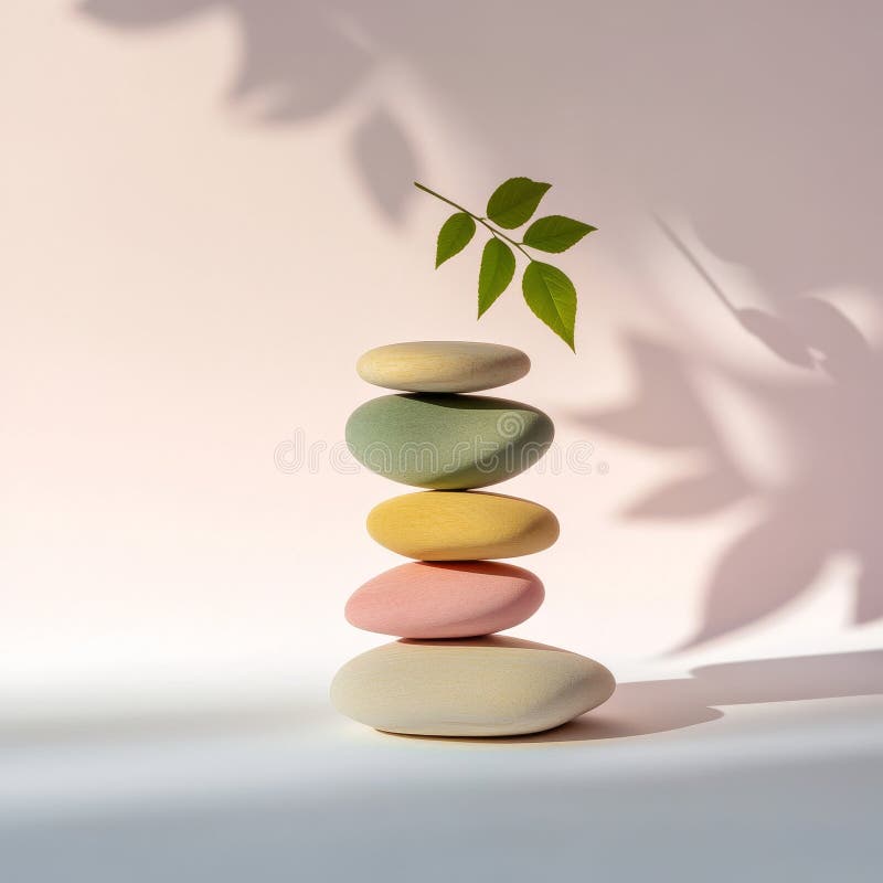 Stack of Colorful Zen Stones with Green Leaf on White Background. Stock ...