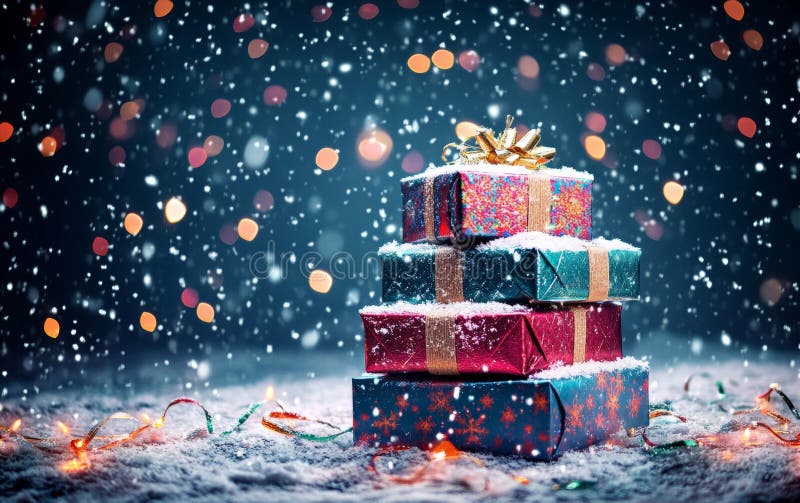 Stack of Colorfully Wrapped Presents Sitting in Snow with Bokeh Lights ...