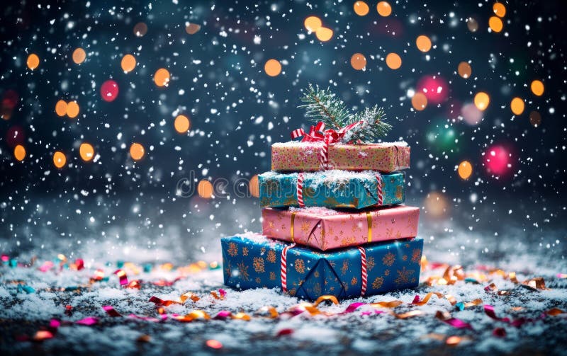 Stack of Colorfully Wrapped Presents Sitting in Snow with Bokeh Lights ...