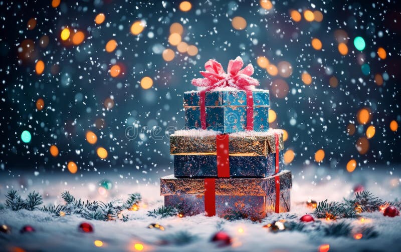Stack of Colorfully Wrapped Presents Sitting in Snow with Bokeh Lights ...