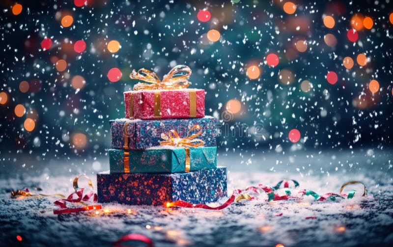 Stack of Colorfully Wrapped Presents Sitting in Snow with Bokeh Lights ...