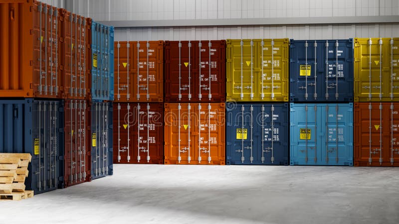 Stack of Colourful Containers in N Storage Warehouse, 3D Rendering ...