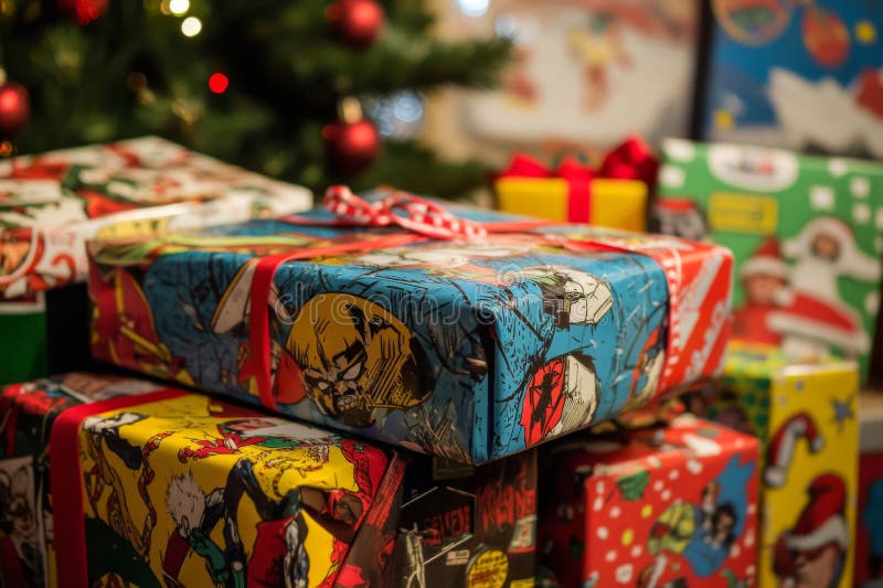 A Stack of Comic Book-Themed Christmas Presents Stock Illustration ...