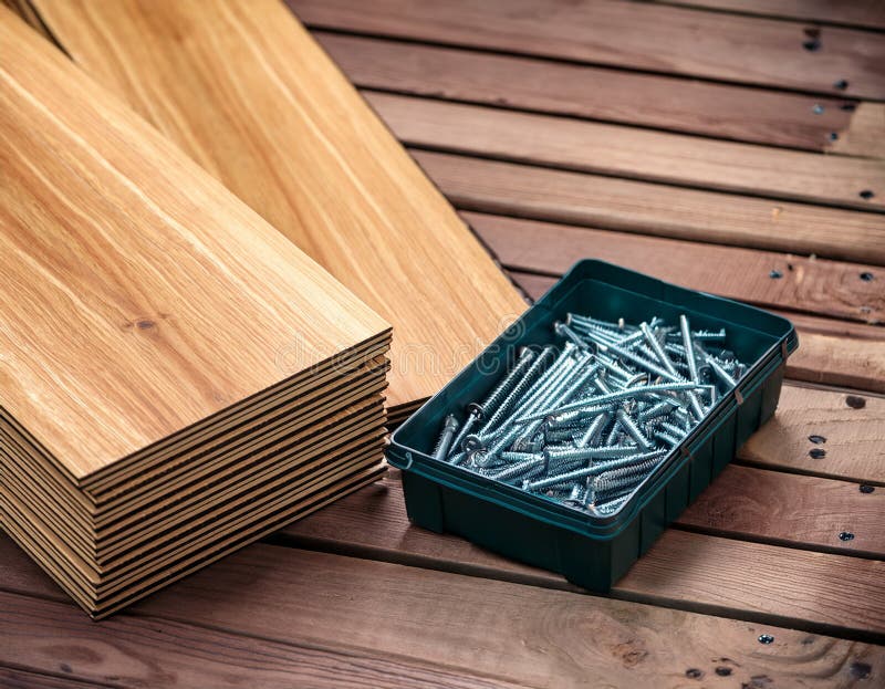 Stack of Composite Decking Panels Arranged Neatly beside a Box of ...