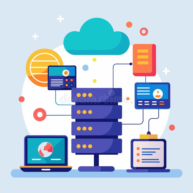 A Stack of Computers and Laptops Below a Cloud, Web Hosting, Online ...