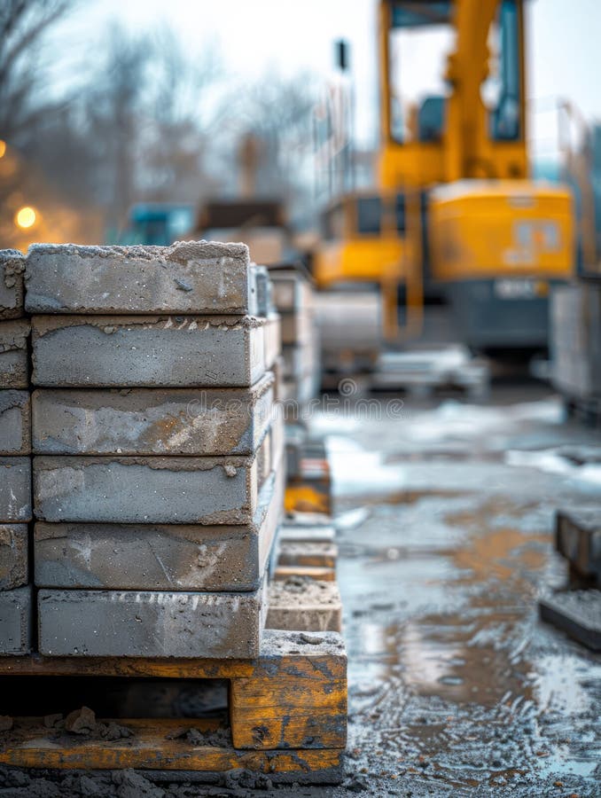 Stack of Concrete Blocks at a Construction Site with Machinery in the ...