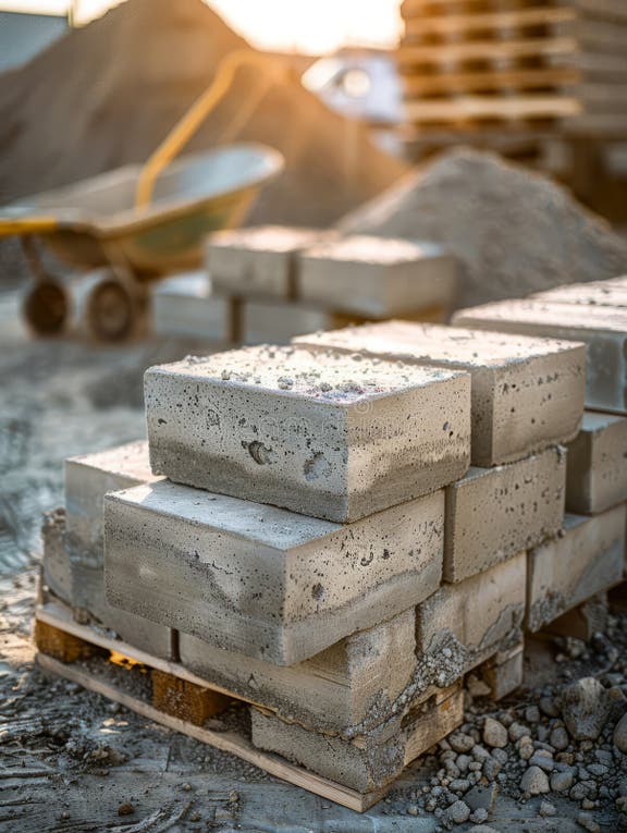 Stack of Concrete Blocks at a Construction Site in Morning Light Stock ...