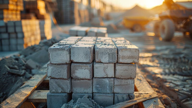 Stack of Concrete Blocks at a Construction Site in the Sunset. Stock ...