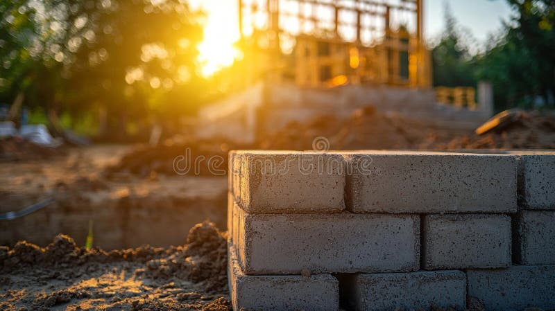 Stack of Concrete Blocks on Sandy Lot for Construction of a Single ...