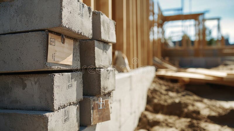 Stack of Concrete Blocks on Sandy Lot for Construction of a Single ...