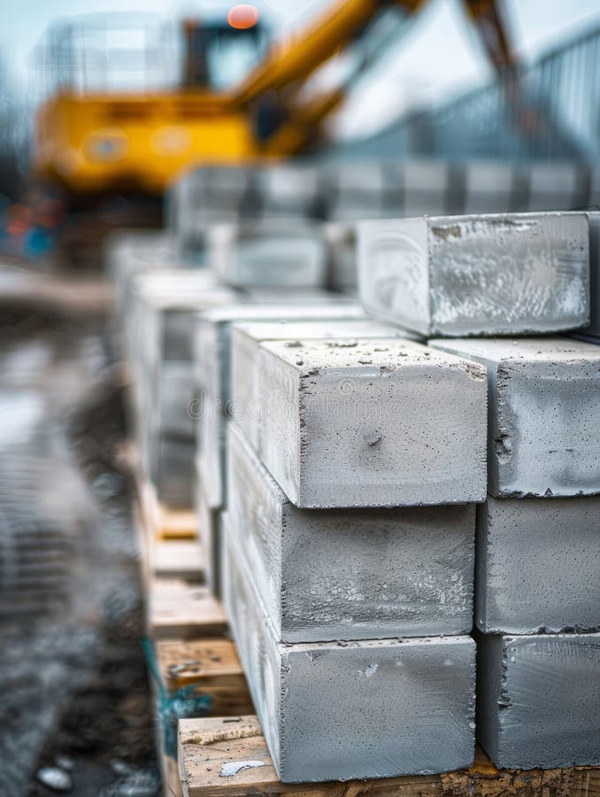 Stack of Concrete Bricks with Construction Machinery in the Background ...