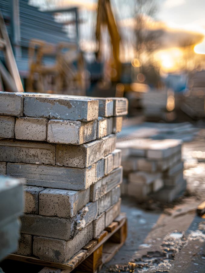 Stack of Concrete Bricks at a Construction Site during Sunrise. Stock ...