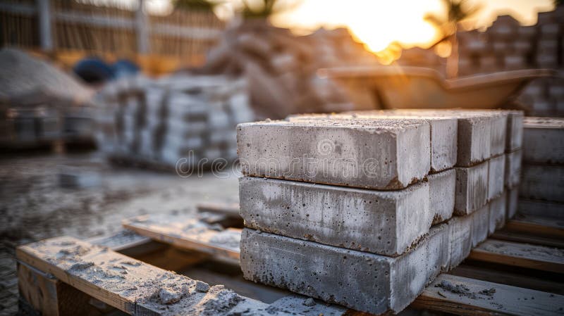 Stack of Concrete Bricks on a Pallet at a Construction Site during ...