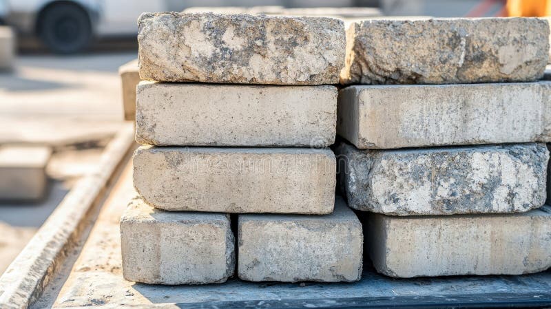 Stack of Concrete Bricks Resting on Metal Surface at Construction Site ...