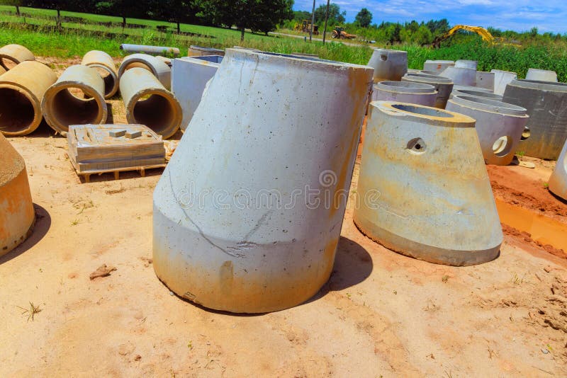 Stack of Concrete Drainage Wells for Water Discharges in a Construction ...