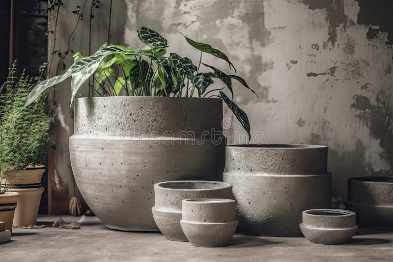 Stack of Concrete Flower Pots in Rustic yet Modern Interior Stock ...