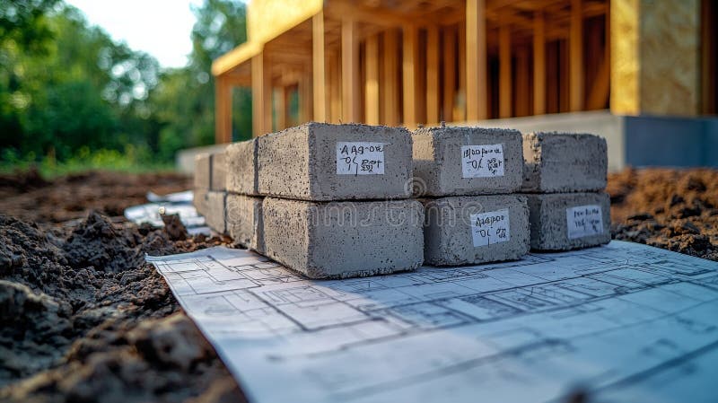Stack of Concrete Foundation Blocks with Price Tags Attached. Partially ...
