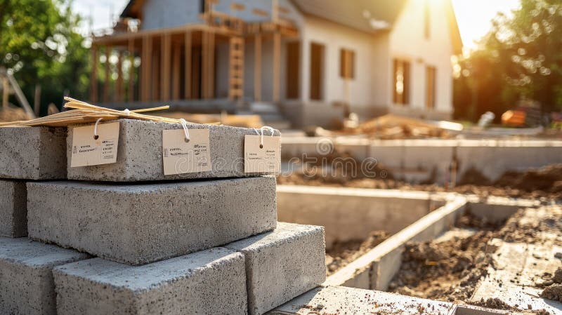 Stack of Concrete Foundation Blocks with Price Tags Attached. Partially ...