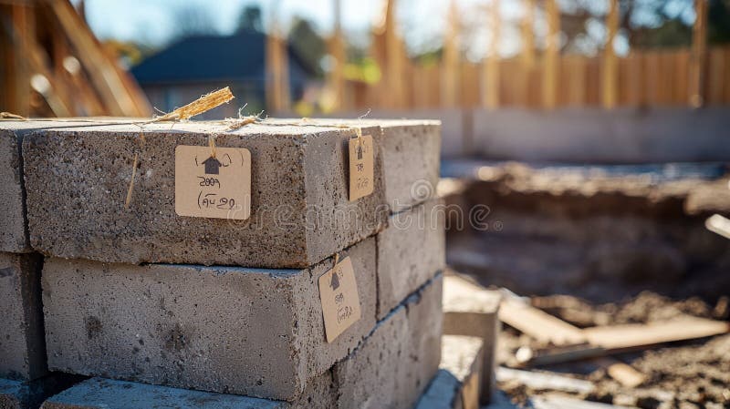 Stack of Concrete Foundation Blocks with Price Tags Attached. Partially ...