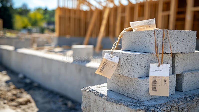 Stack of Concrete Foundation Blocks with Price Tags Attached. Partially ...
