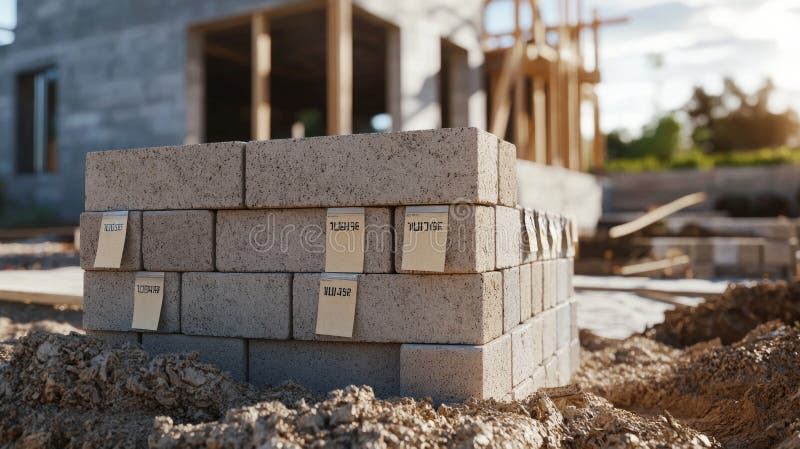 Stack of Concrete Foundation Blocks with Price Tags Attached. Partially ...