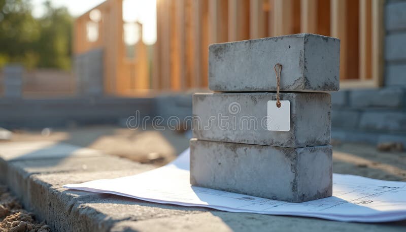 Stack of Concrete Foundation Blocks with Price Tags. Construction Site ...