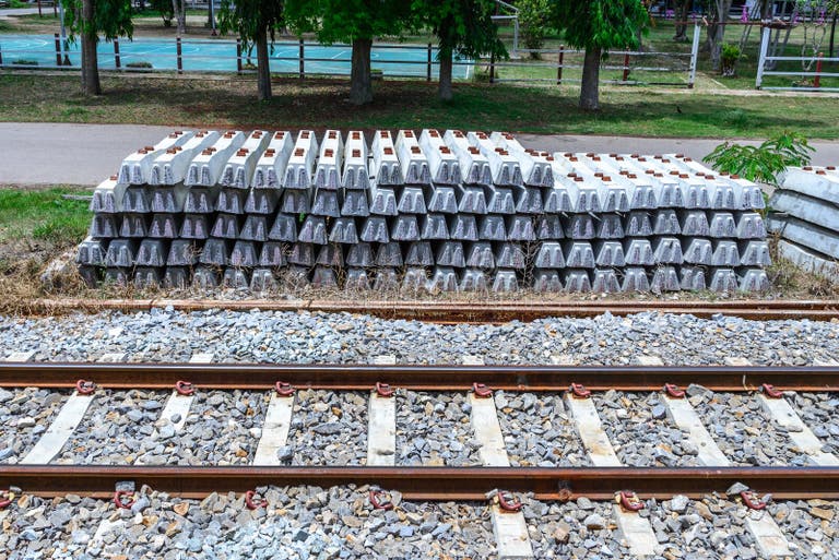 Stack of Concrete Railway Sleepers Near Railroad Stock Image - Image of ...