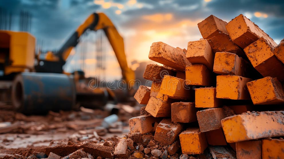 Stack of Construction Bricks at a Building Site during Sunset Stock ...