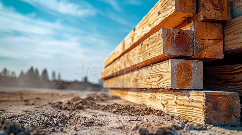 Stack of Construction Lumber on a Sandy Ground with Blue Sky Background ...