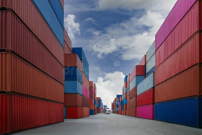 Stack of Container Box in Transportation Port with Blue Sky Stock Image ...