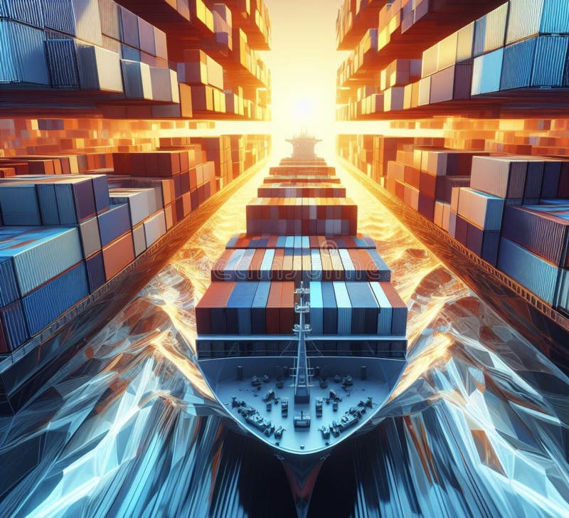 Stack Container Carho Ship Canal Port Freight Sea Computer Aid Service Logistics Transport Ai ...