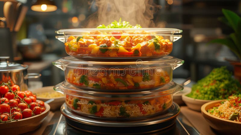 A Stack of Containers Filled with Food on a Stove, AI Stock Photo ...