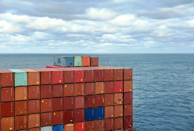 Stack of the Containers Loaded on the Aft of the Cargo Ship. Stock ...