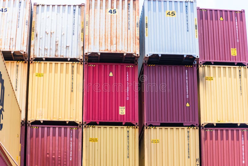 Stack of Containers Loaded on Deck of Cargo Ship. Stock Image - Image ...