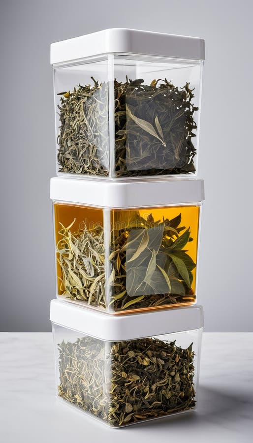 Stack of Containers with Various Dried Herbs on Marble Surface Stock ...