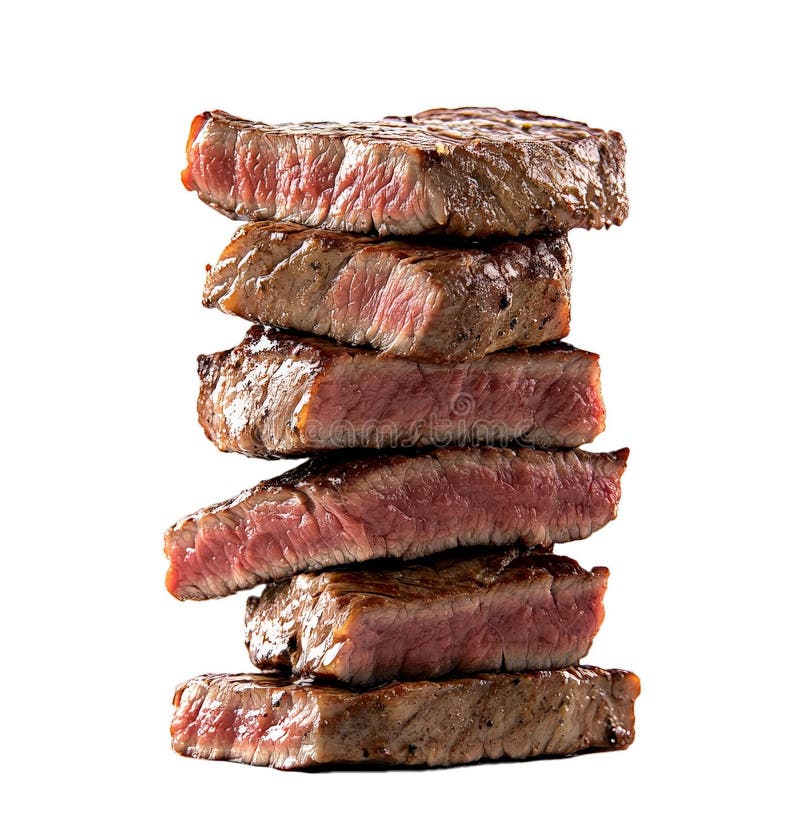 A Stack of Cooked Steak Slices with Varying Degrees of Doneness is ...