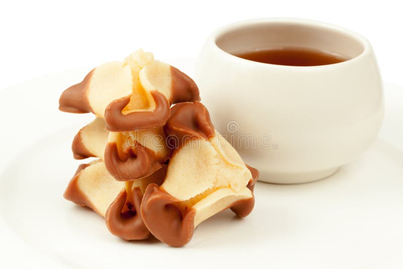 Stack of Cookies and Cup of Tea on Plate Stock Image - Image of crunchy ...
