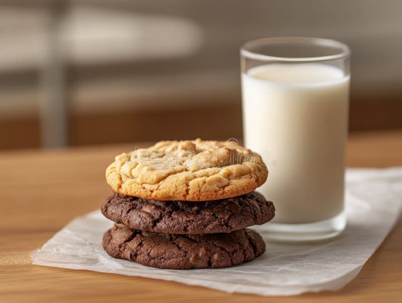 A Stack of Cookies with a Glass of Milk on a Wooden Surface Stock ...