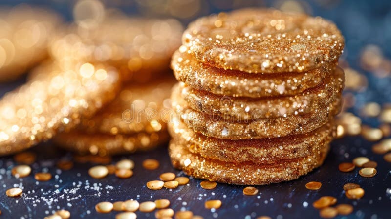A Stack of Cookies with Gold Glitter on a Blue Background, AI Stock ...