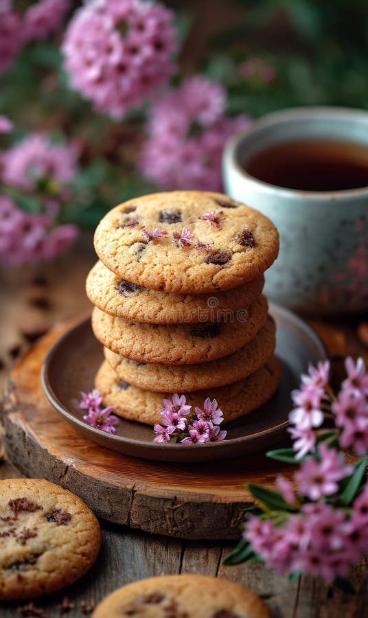 Stack of Cookies on Plate Next To Cup of Tea Stock Illustration ...