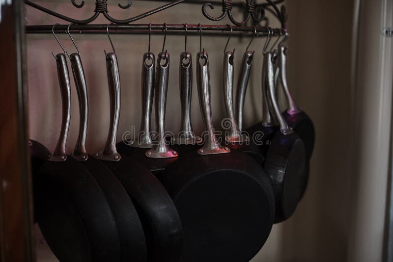 Stack of Cooking and Frying Pans with Free Space Above. Kitchen ...