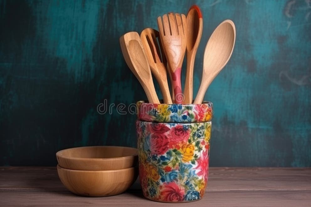 Stack of Cooking Utensils with Wooden Board and Hand-painted Background ...