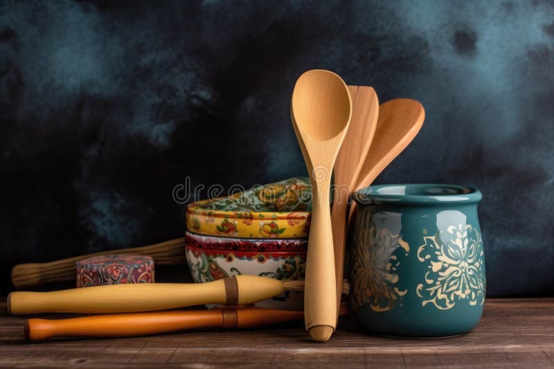Stack of Cooking Utensils with Wooden Board and Hand-painted Background ...
